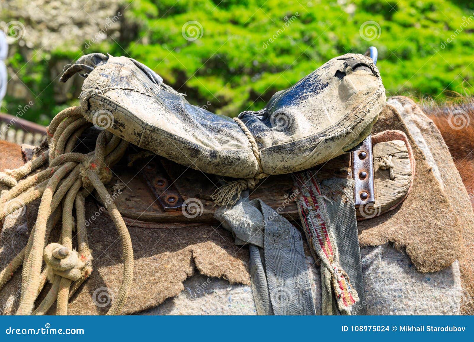 Threadbare Old Saddle on a Shepherd`s Horse, Handmade Saddle of a ...