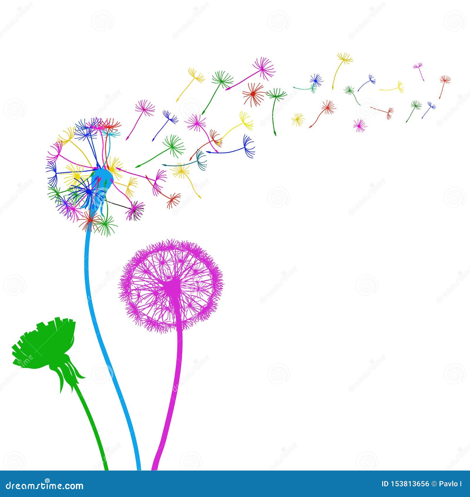 Three Abstract Colorful Dandelion, Flying Seeds of Dandelion - Vector ...