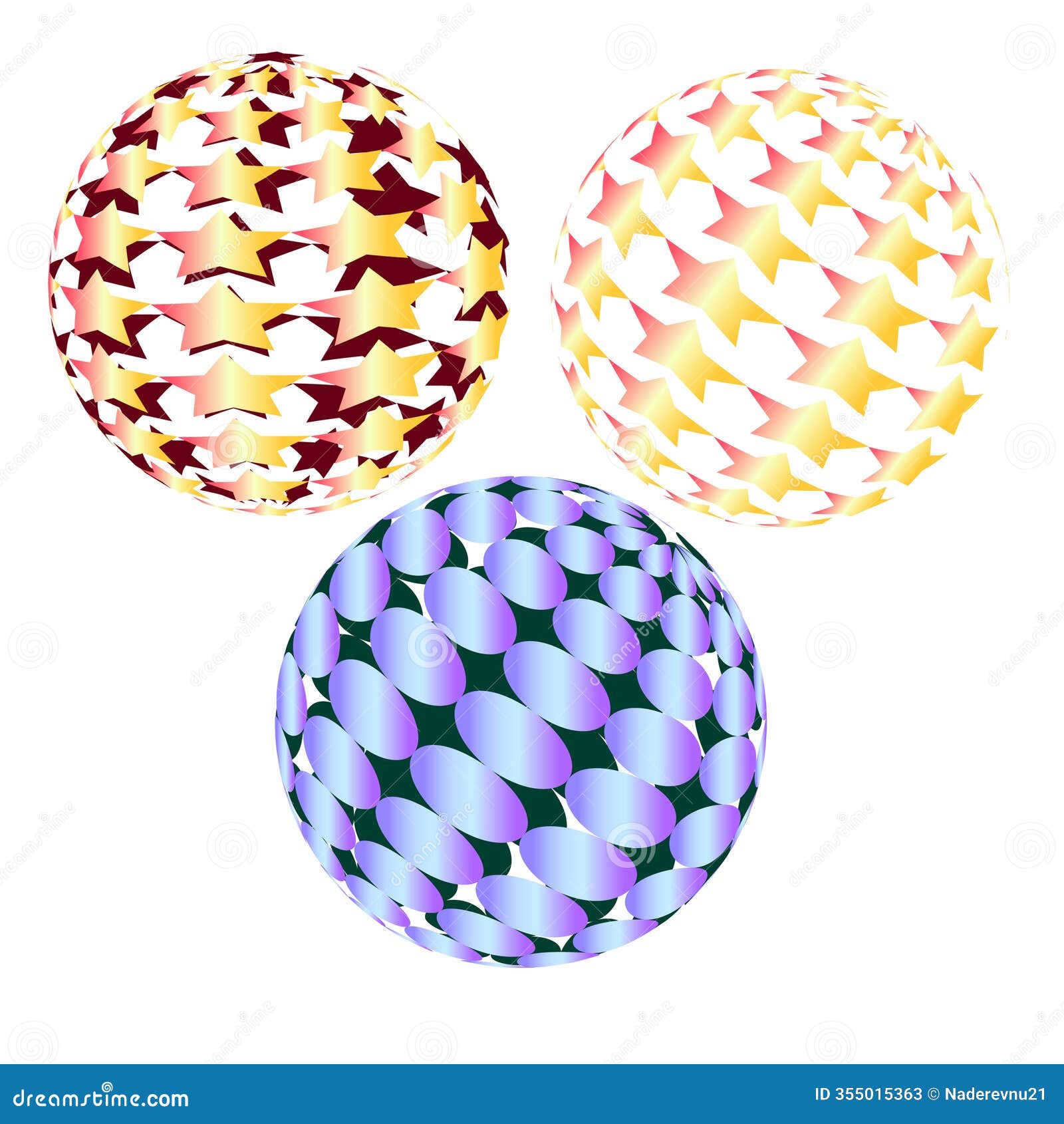 Three Abstract 3D Spheres in Stars and Circles Stock Illustration ...