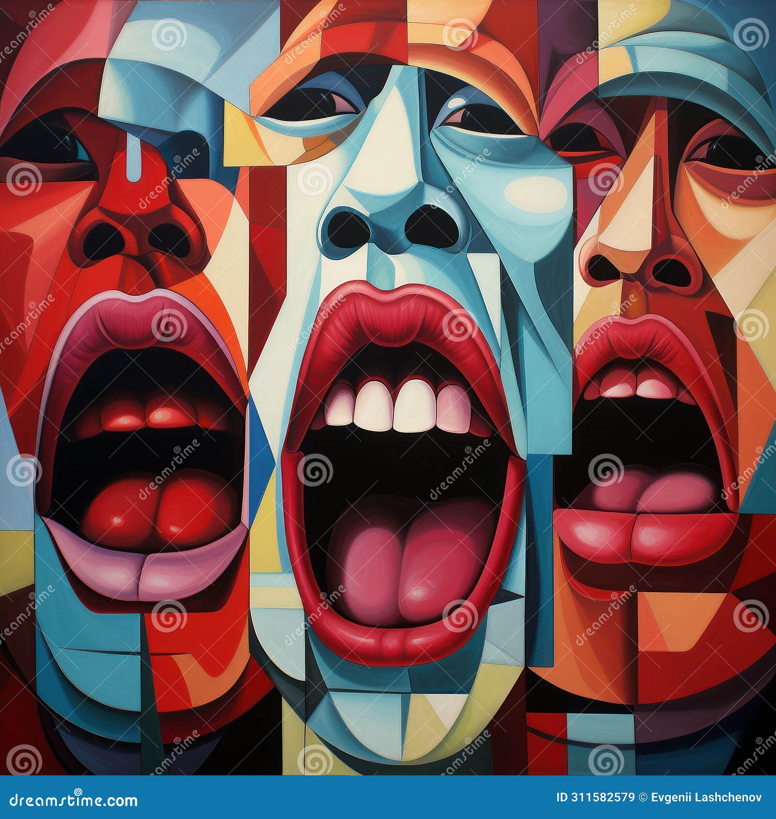 Three Abstract Multi-colored Faces Sing in One Voice. Cubism. AI ...