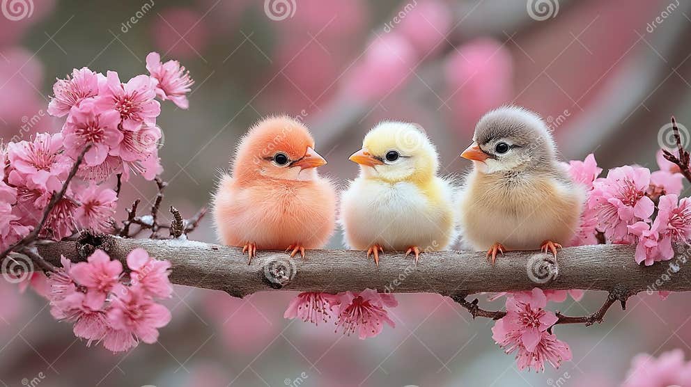 Three Adorable Chicks Perched on a Cherry Blossom Branch in Spring ...