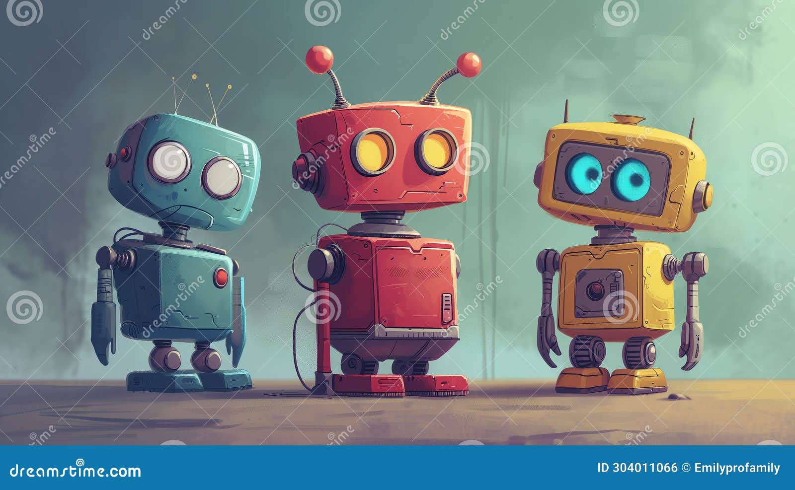 Three Adorable Little Funny Robots on Grey Background Stock ...