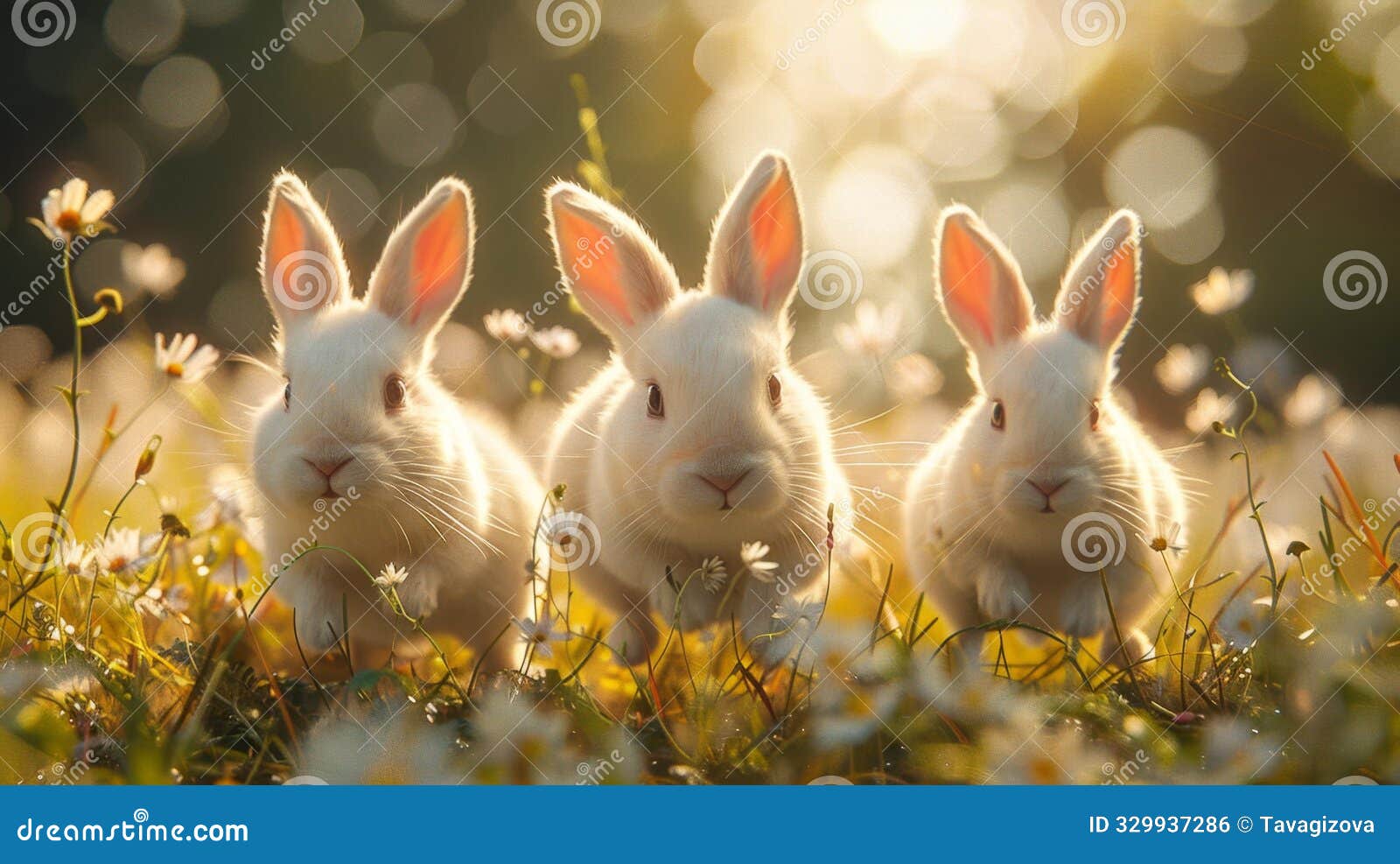 Three Adorable White Rabbits In A Field Of Flowers - Generative Ai ...