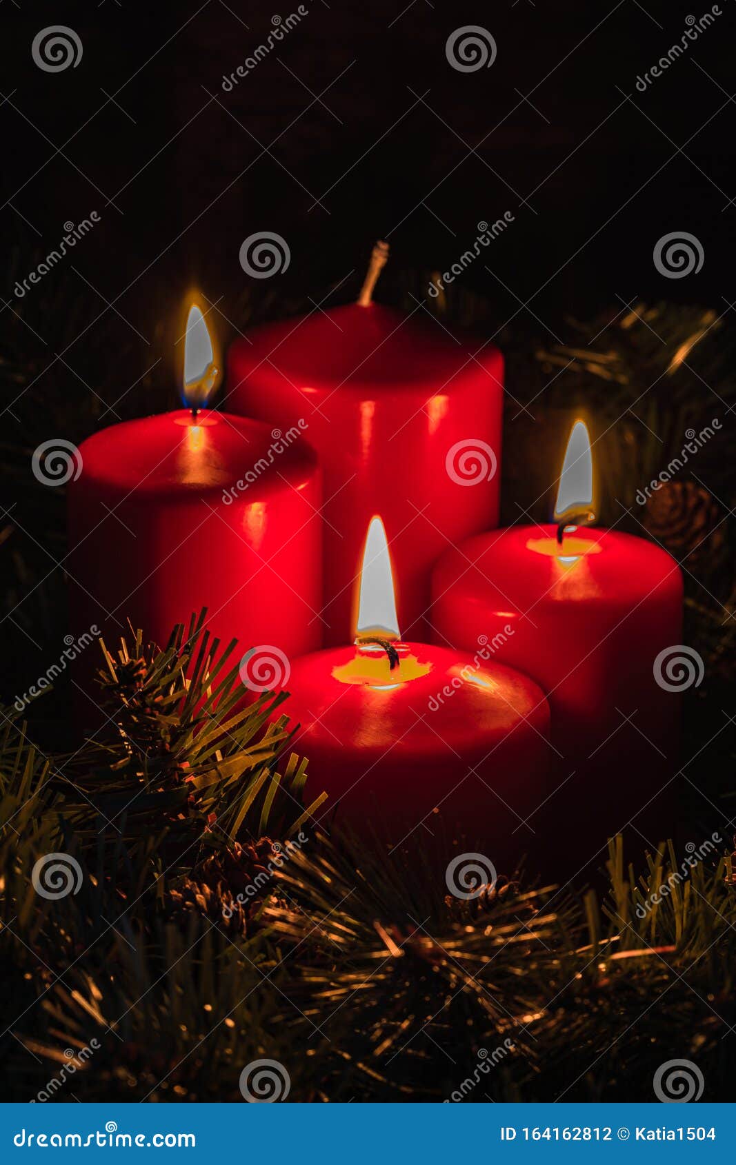 Three Advent Burning Candles, Christmas Decoration, Postcard Concept ... Three Advent Burning Candles, Christmas Decoration, Postcard Concept ...