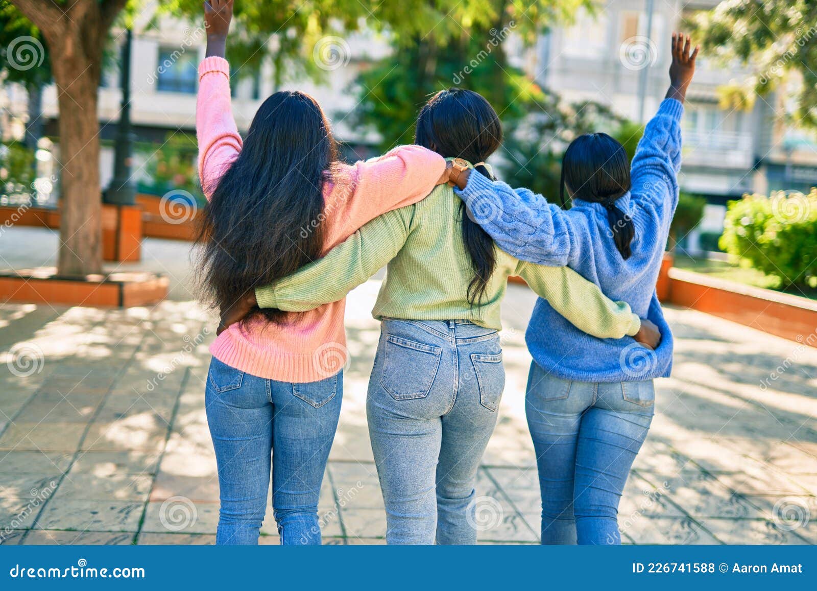 Three African American Friends on Back View Walking at the Park Stock ...