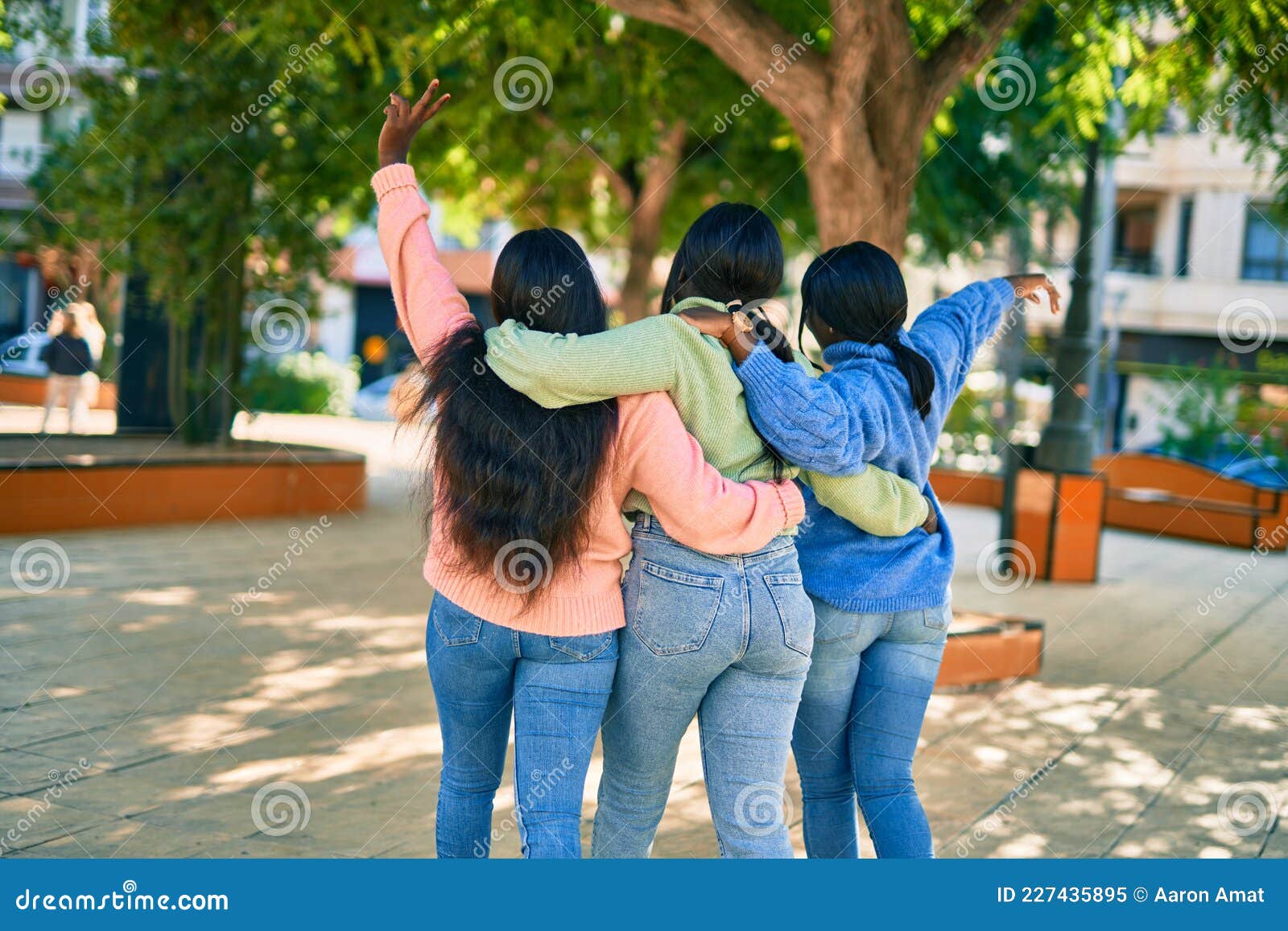 Three African American Friends on Back View Walking at the Park Stock ...