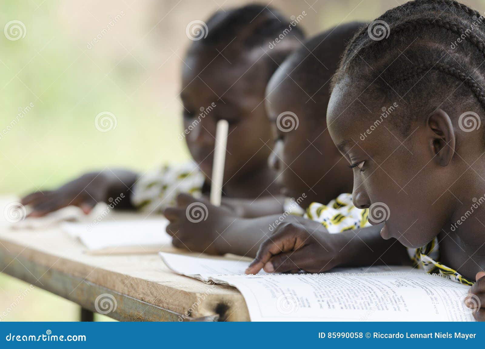 Three African Children Learning at School Outdoors Stock Photo - Image ...