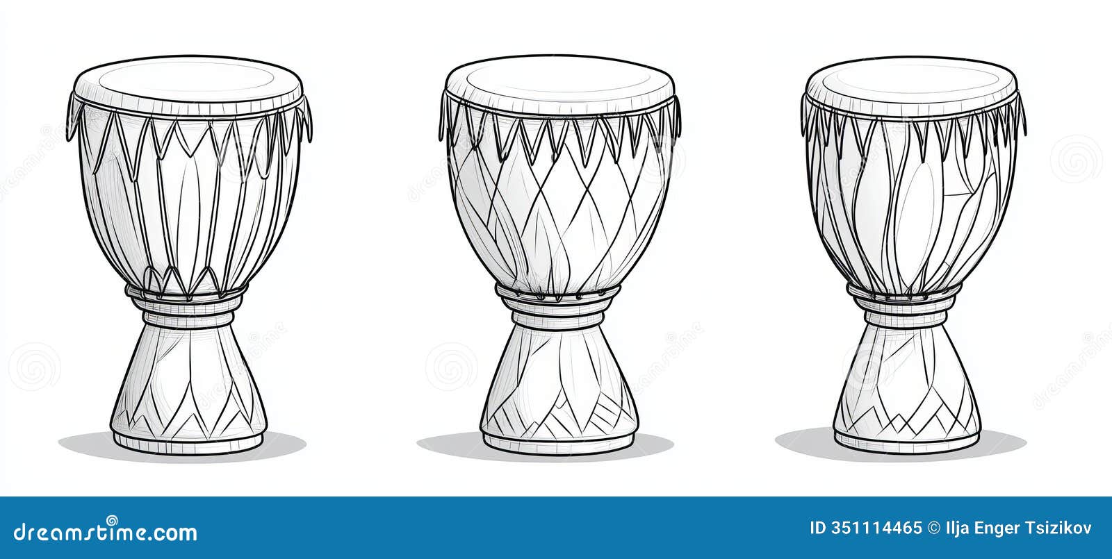 Three African Djembe Drums Drawings with Different Patterns, Musical ...