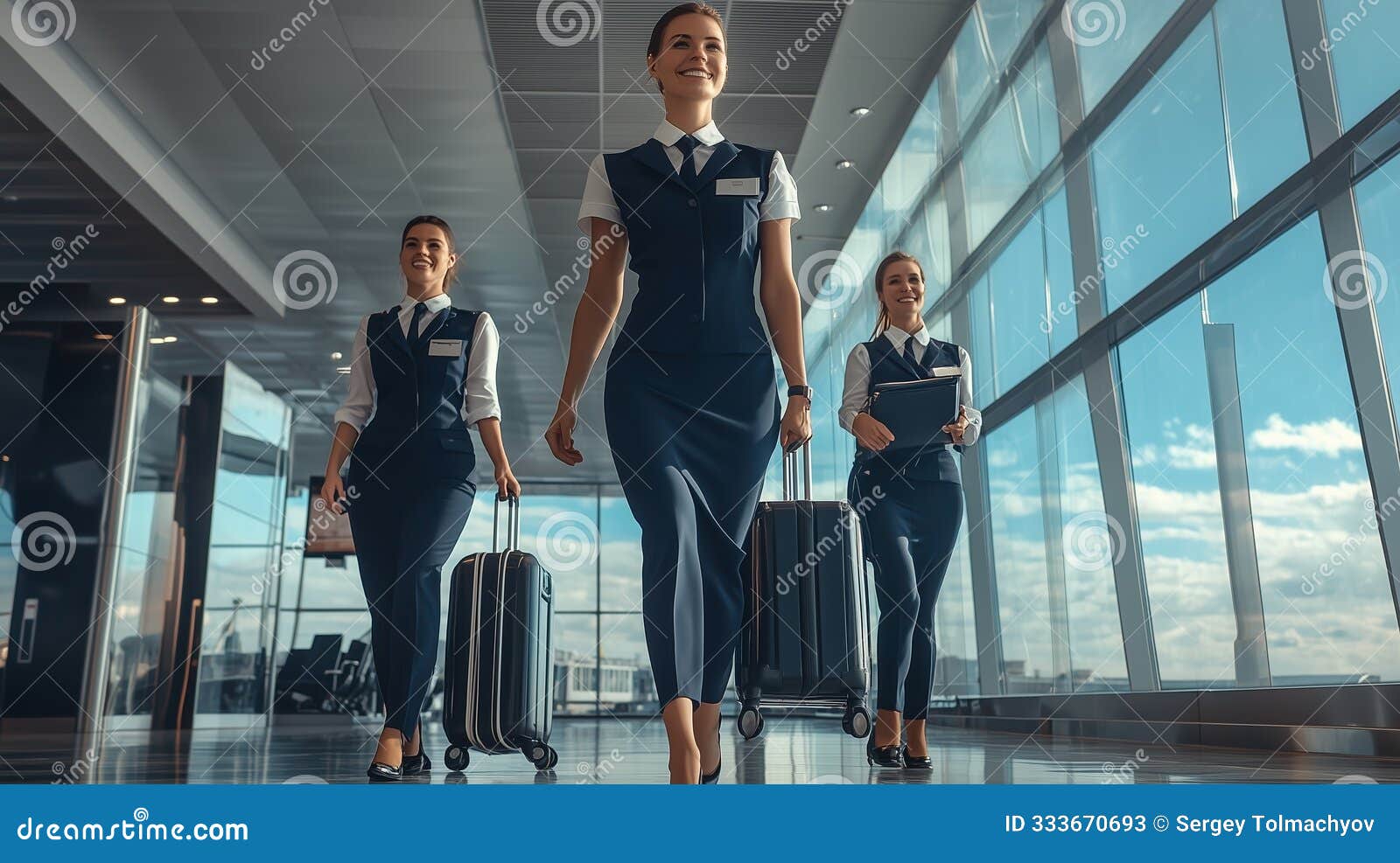 Airline Crew Members Walking with Suitcases through a Bright, Modern ...