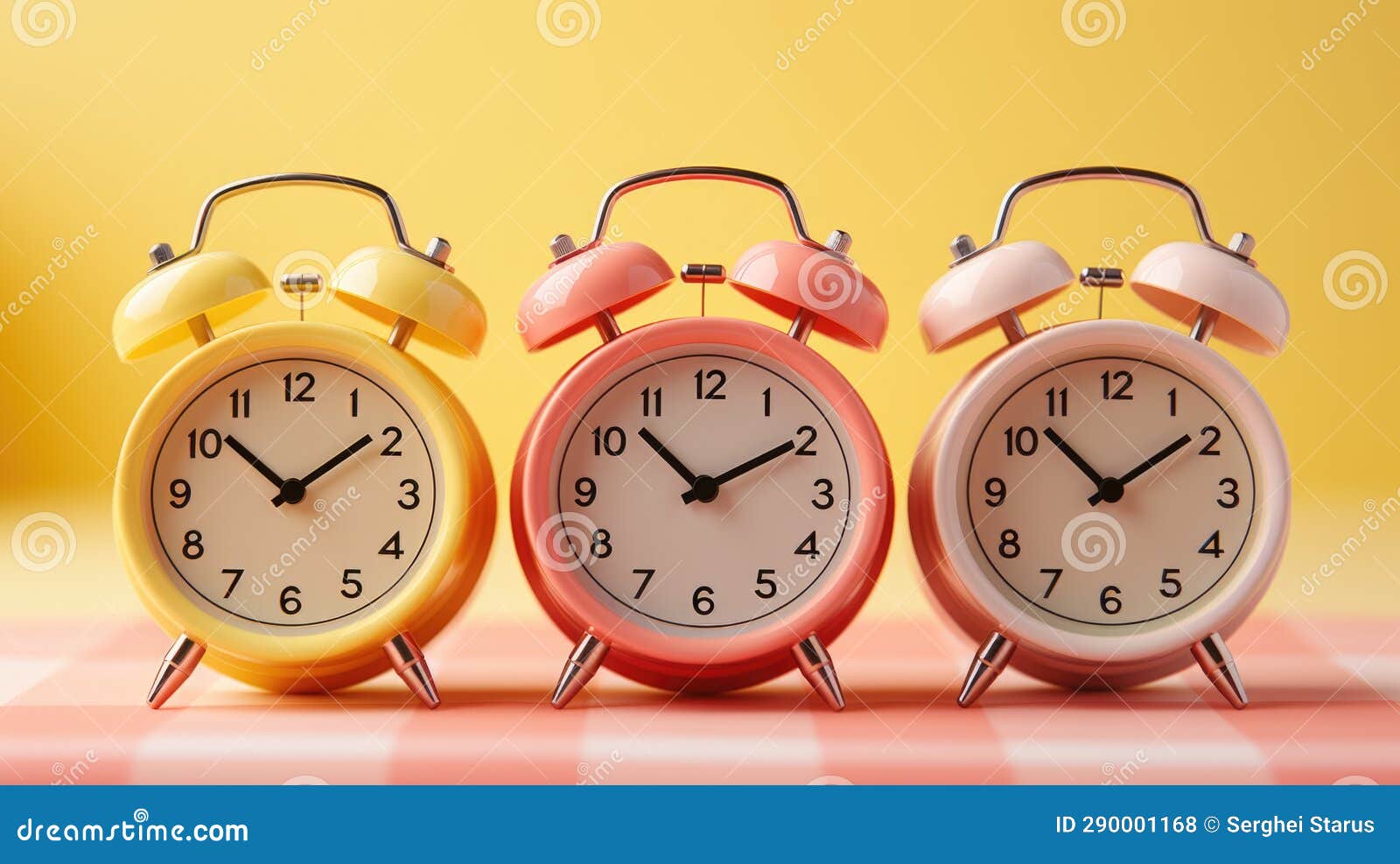 Three Alarm Clocks on a Checkered Table, AI Stock Illustration ...