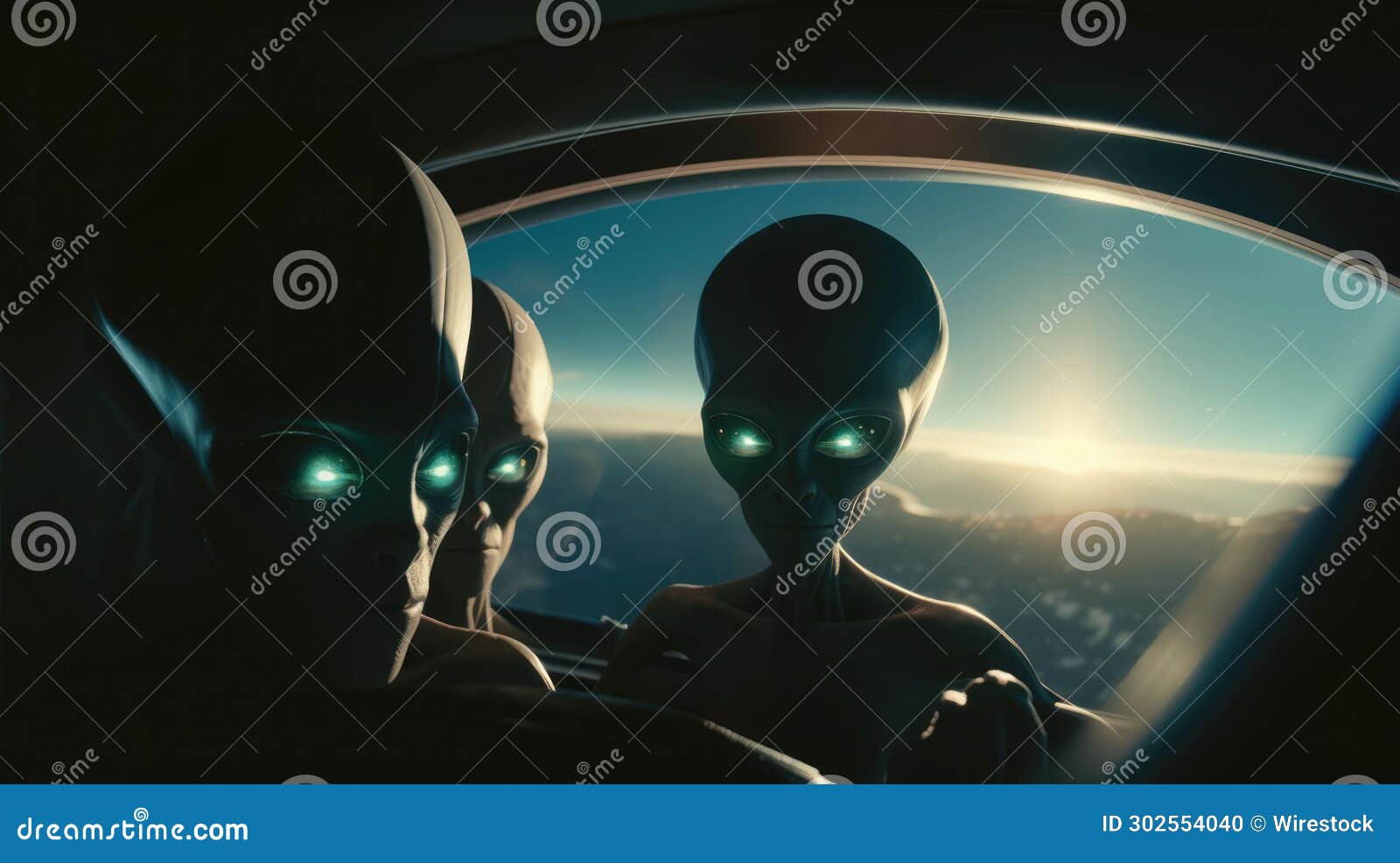 Three Alien Figures are in Their Spaceship Overlooking Planet Earth ...