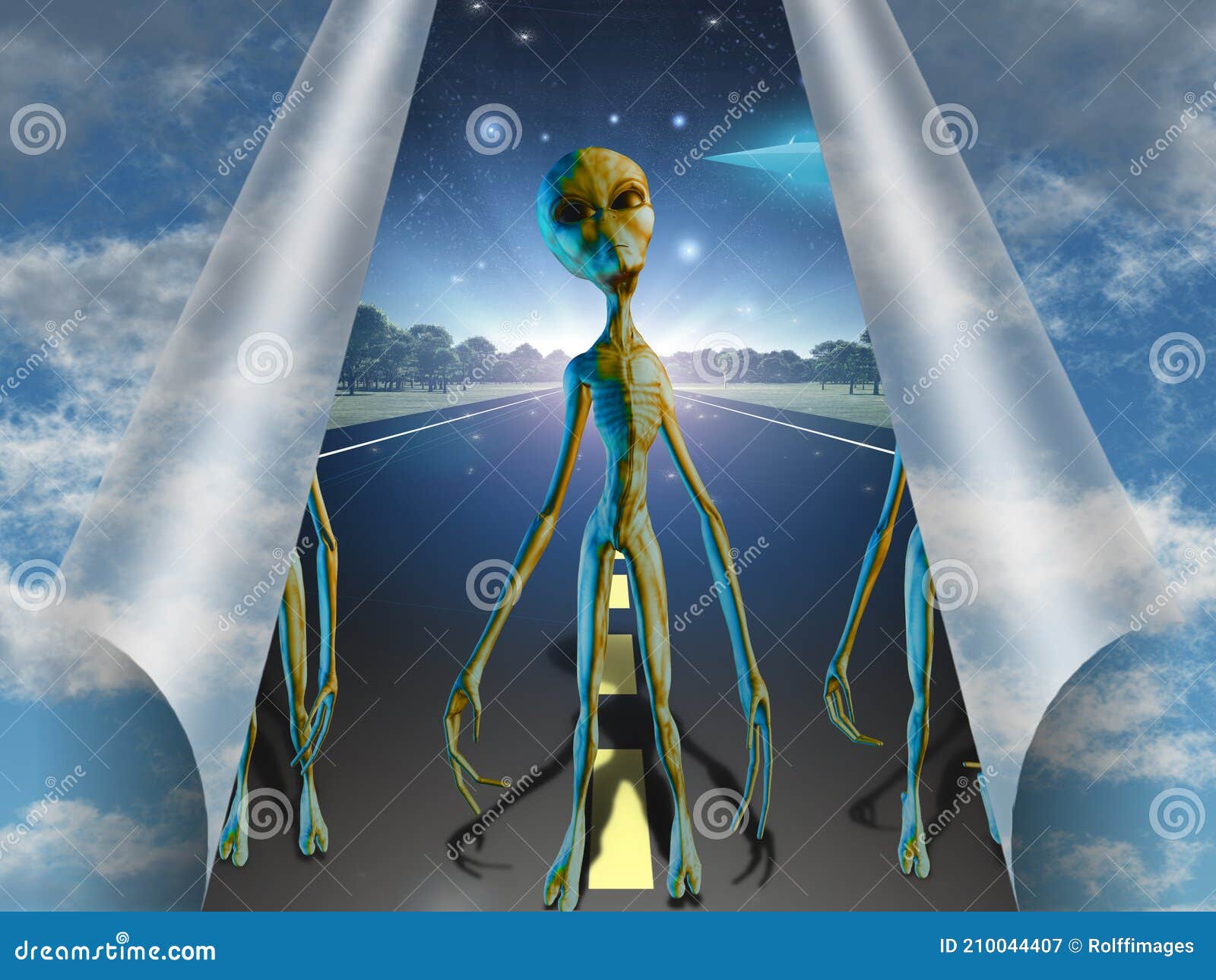 Three Aliens. Spacecrafts in the Starry Sky Stock Illustration ...