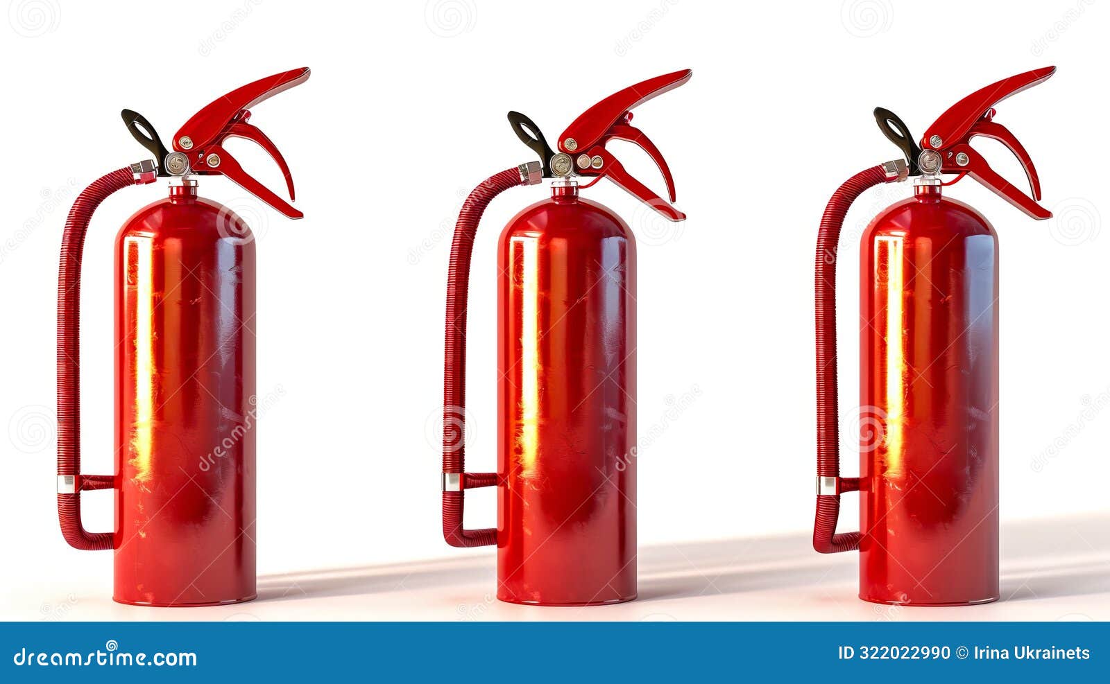 Three Red Fire Extinguishers in a Row. Safety Equipment Concept. Crisp ...