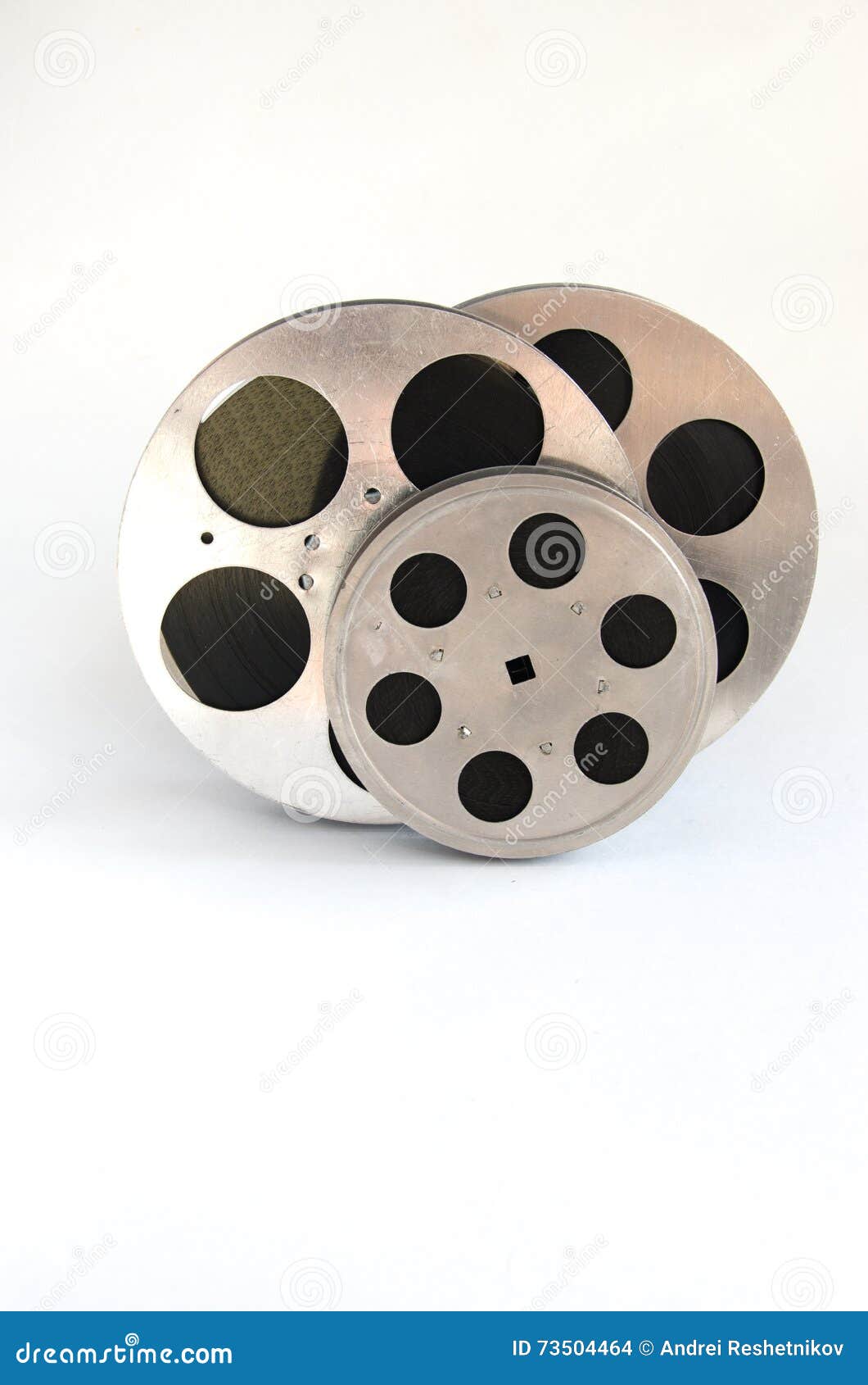 Three aluminum film reels stock photo. Image of cinema - 73504464