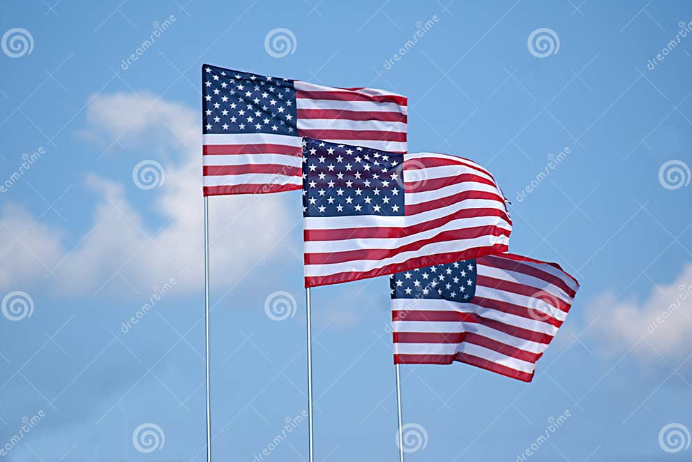Three American Flags Waving in Clouds Stock Image - Image of flag ...