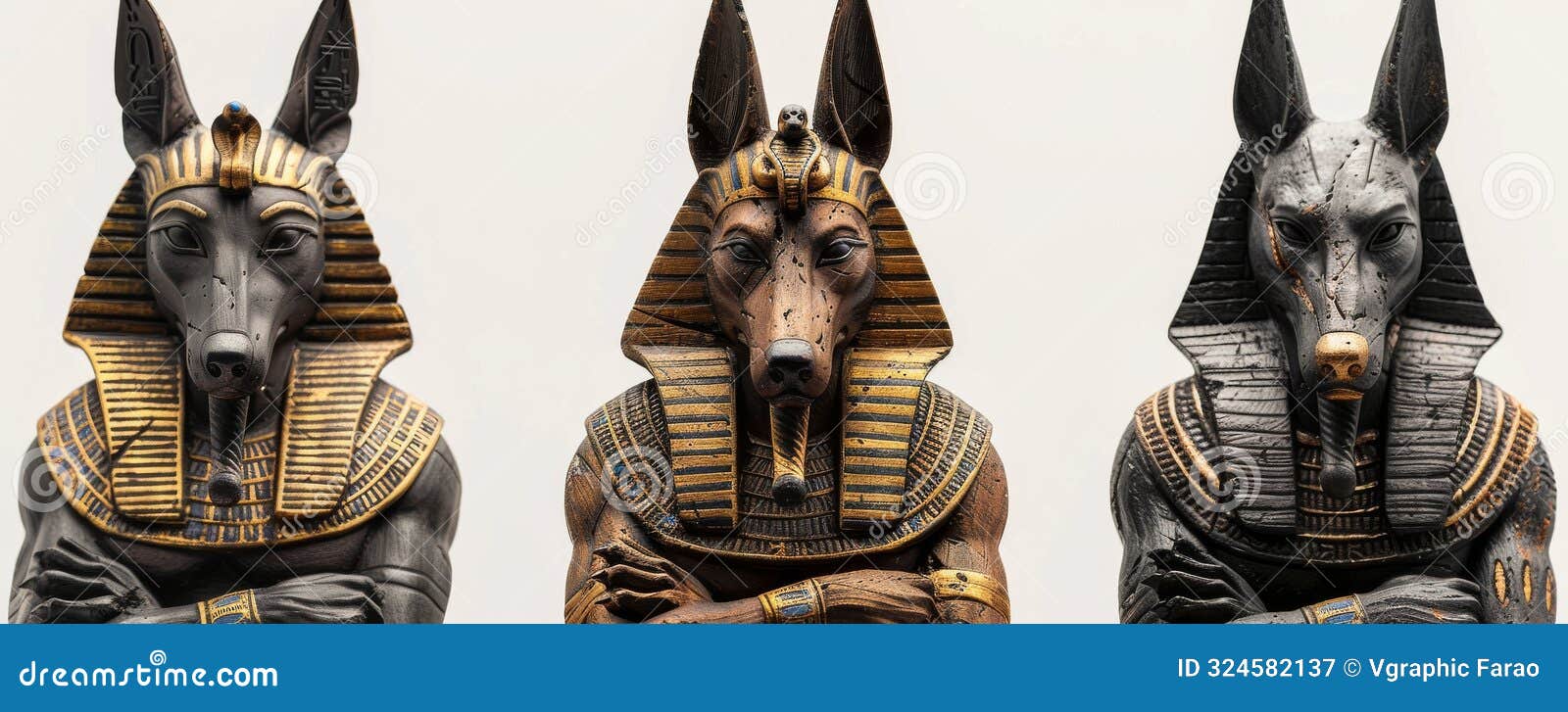 Three Ancient Egyptian Anubis Statues on White Background Stock Image ...