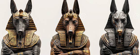 Three Ancient Egyptian Anubis Statues on White Background Stock Image ...