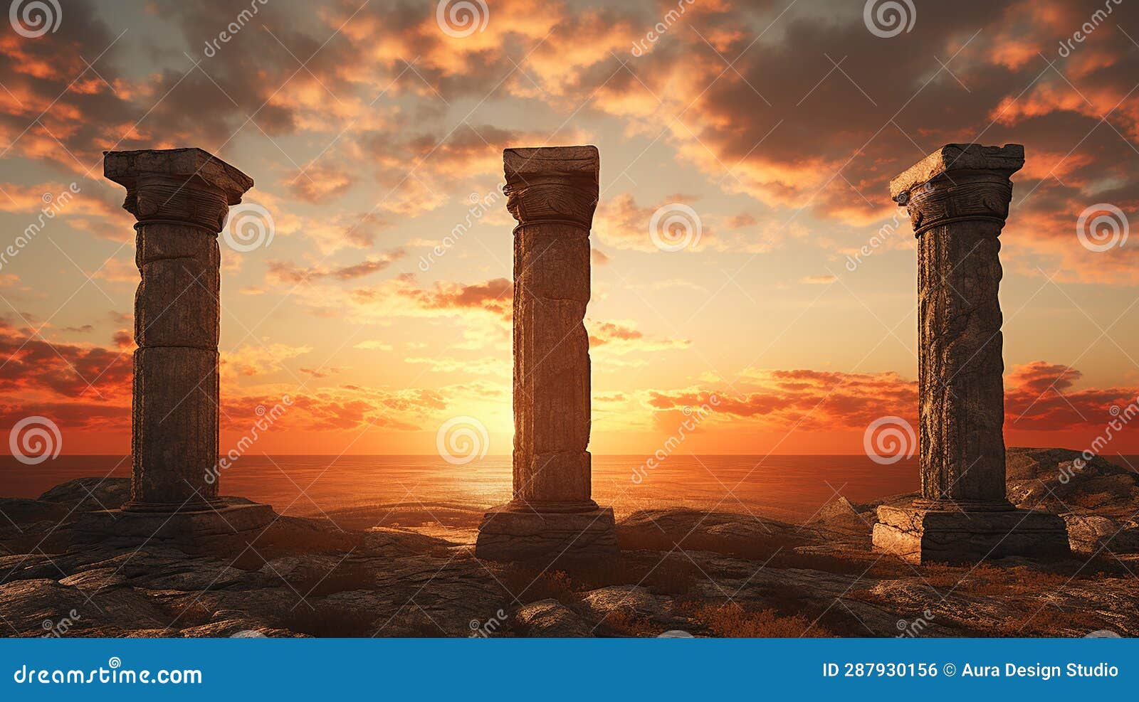 Three Ancient Pillars with Sunset Sky Background Stock Illustration ...