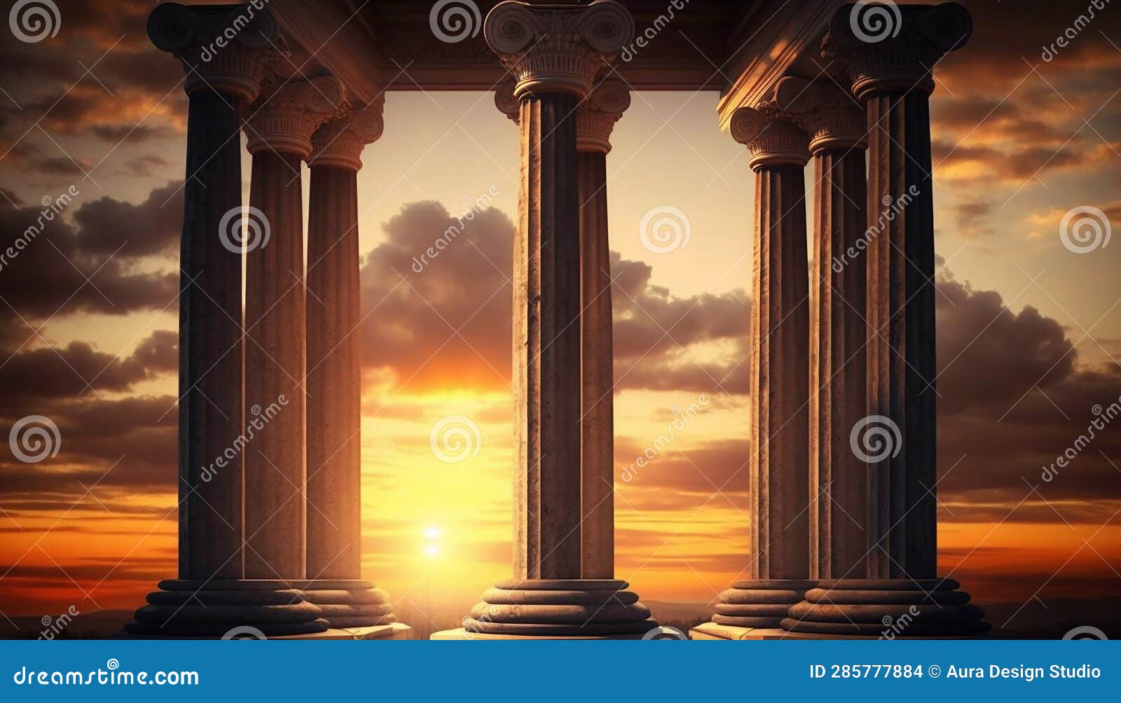 Three Ancient Pillars with Sunset Sky Background. Generative AI Stock ...