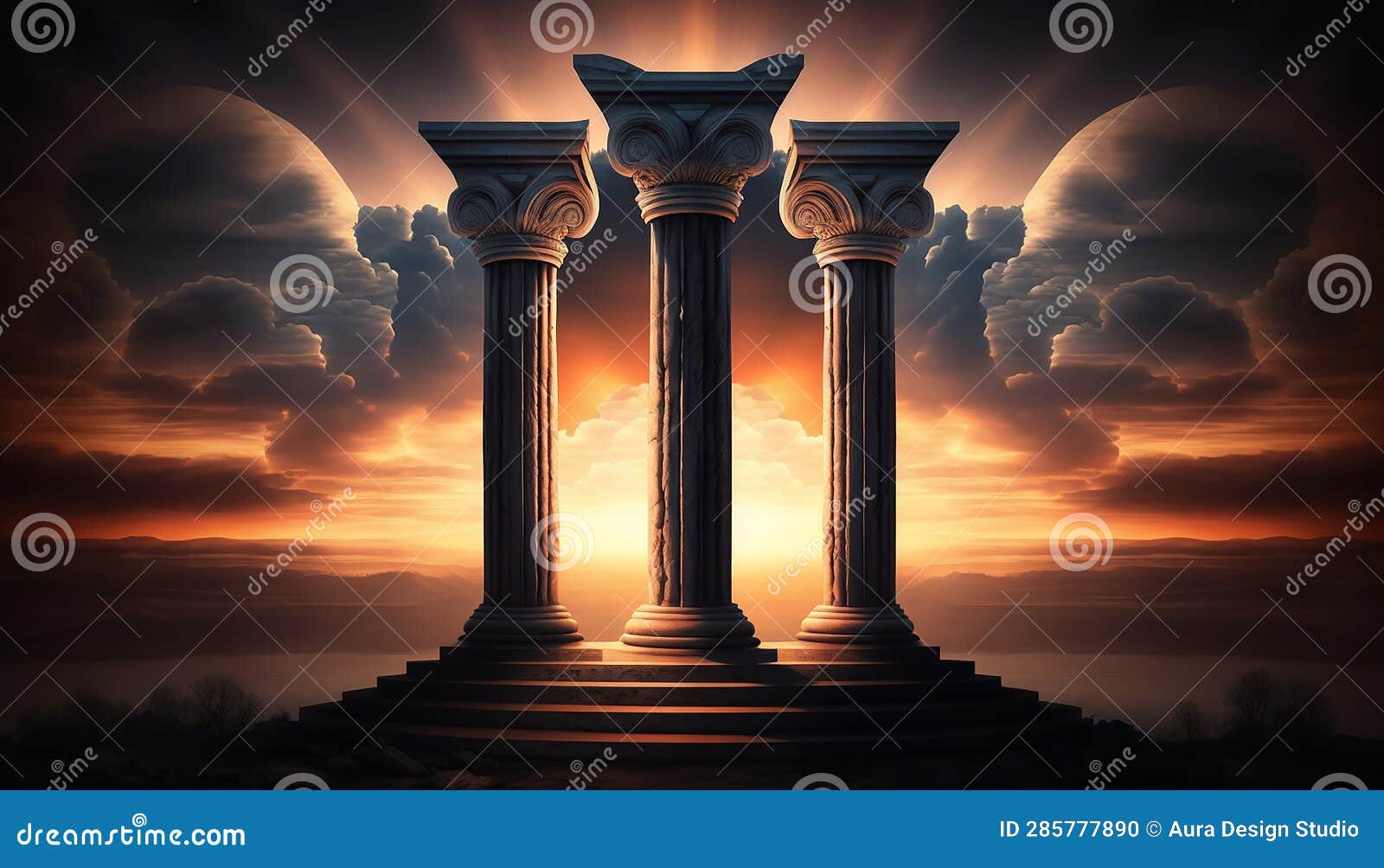 Three Ancient Pillars with Sunset Sky Background. Generative AI Stock ...