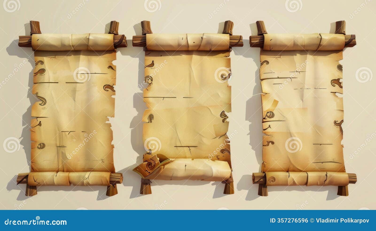 Three Ancient Scrolls Hung on a Stone Wall with Intricate Carvings ...