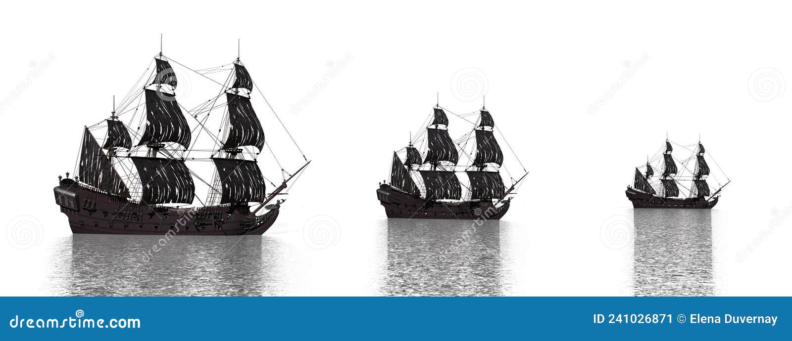 Three Ancient Ships on the Water - 3D Render Stock Illustration ...