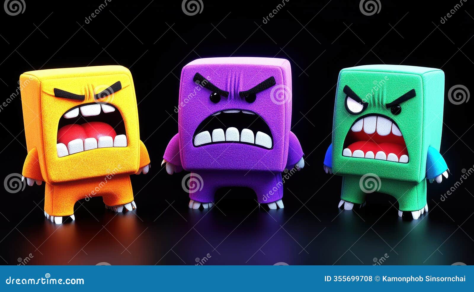Three Angry Colorful Cubical Monsters 3D Render Cartoon Characters ...