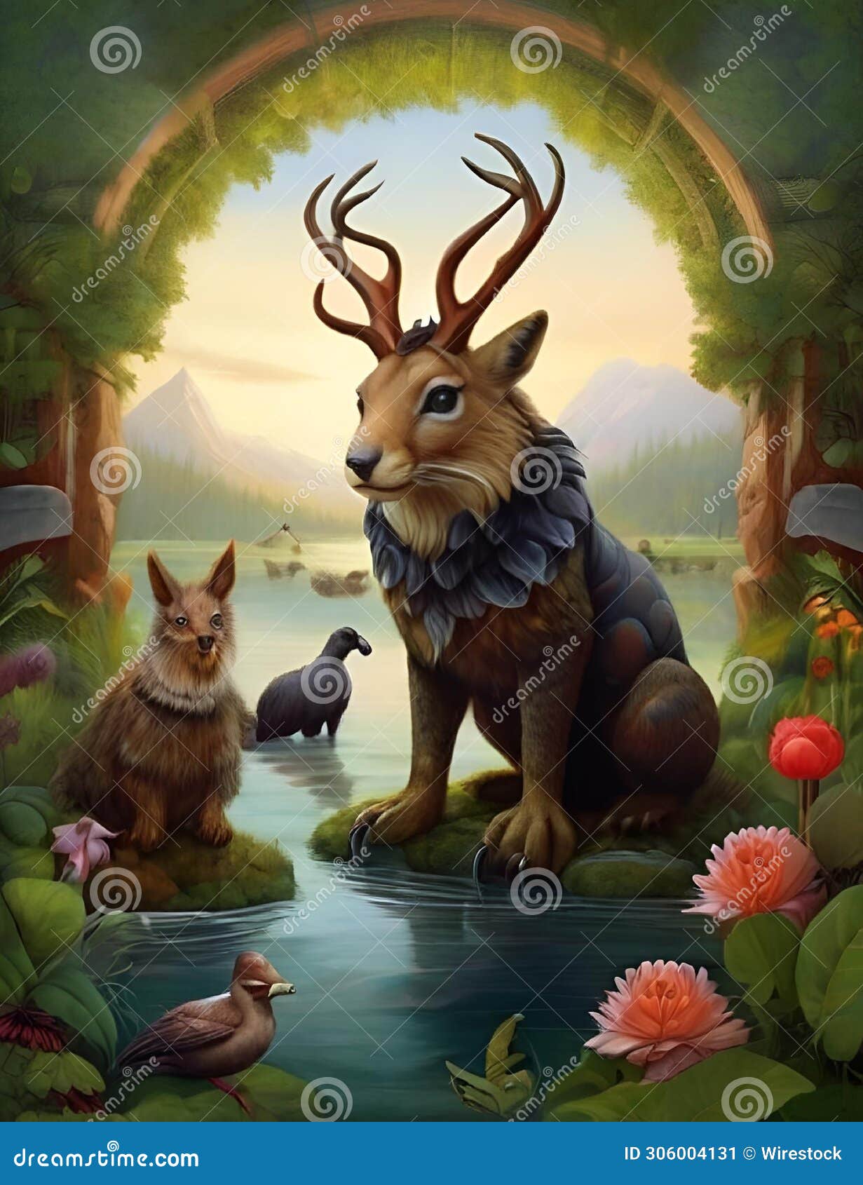 The Three Animals Look Out from a Stream in a Forest Stock Image ...
