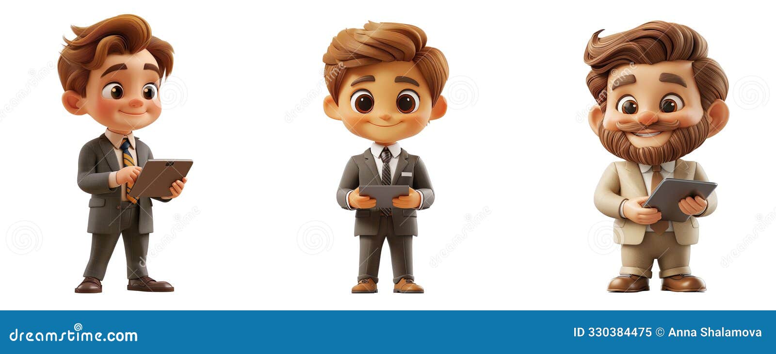 Three Animated Businessman Characters in Suits Holding Tablets with ...