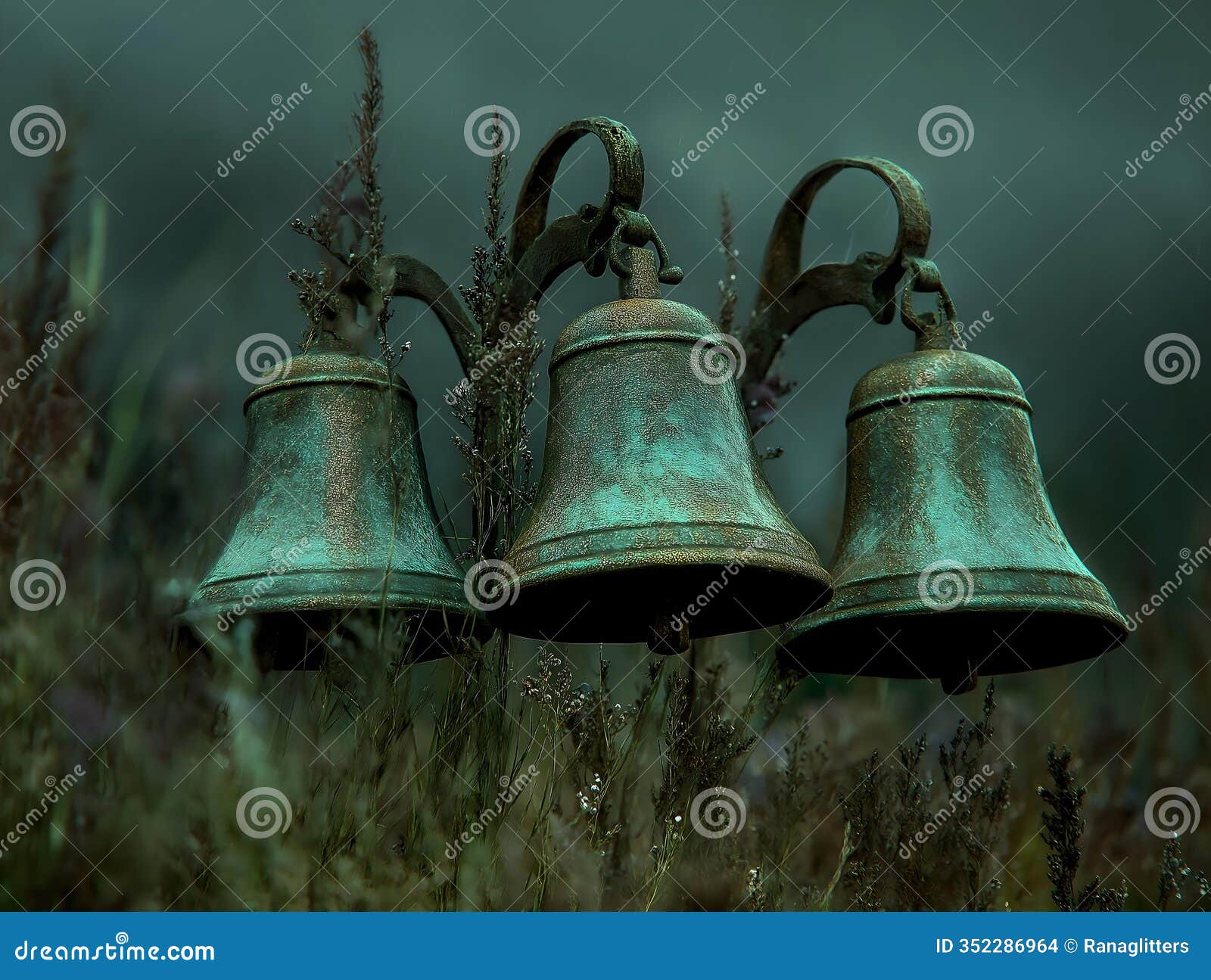Three Antique Bronze Bells Hanging in a Dimly Lit Setting, Creating a ...