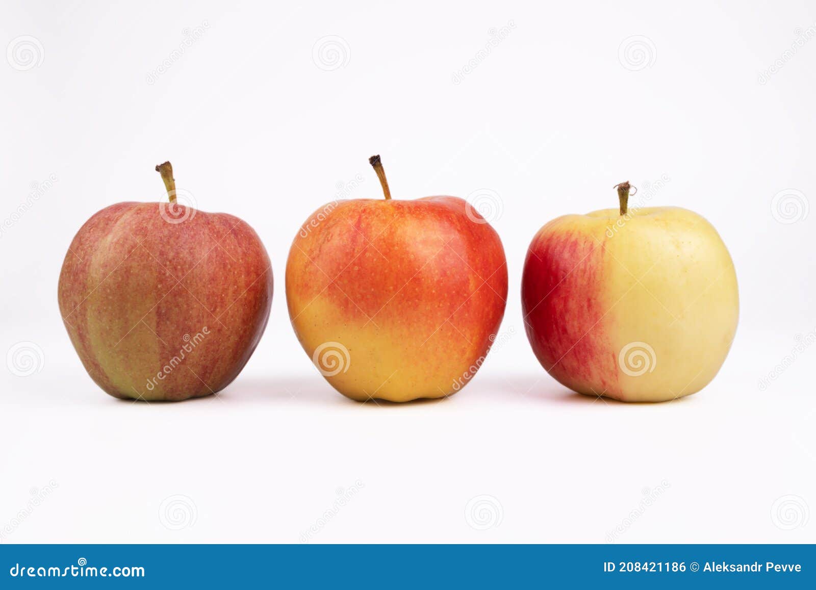 Three Apples of Different Colors Lie Parallel Stock Photo - Image of ...