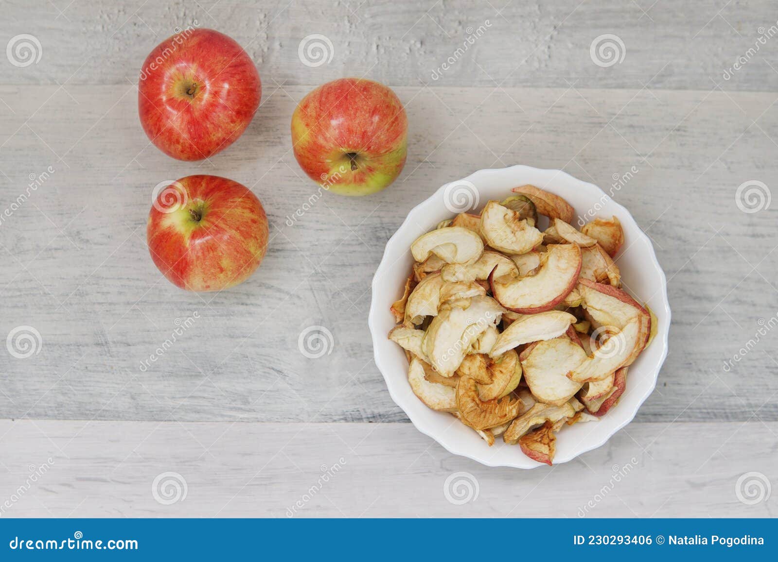 Three Apples and Plates with Dry Apples on the Table Stock Photo ...