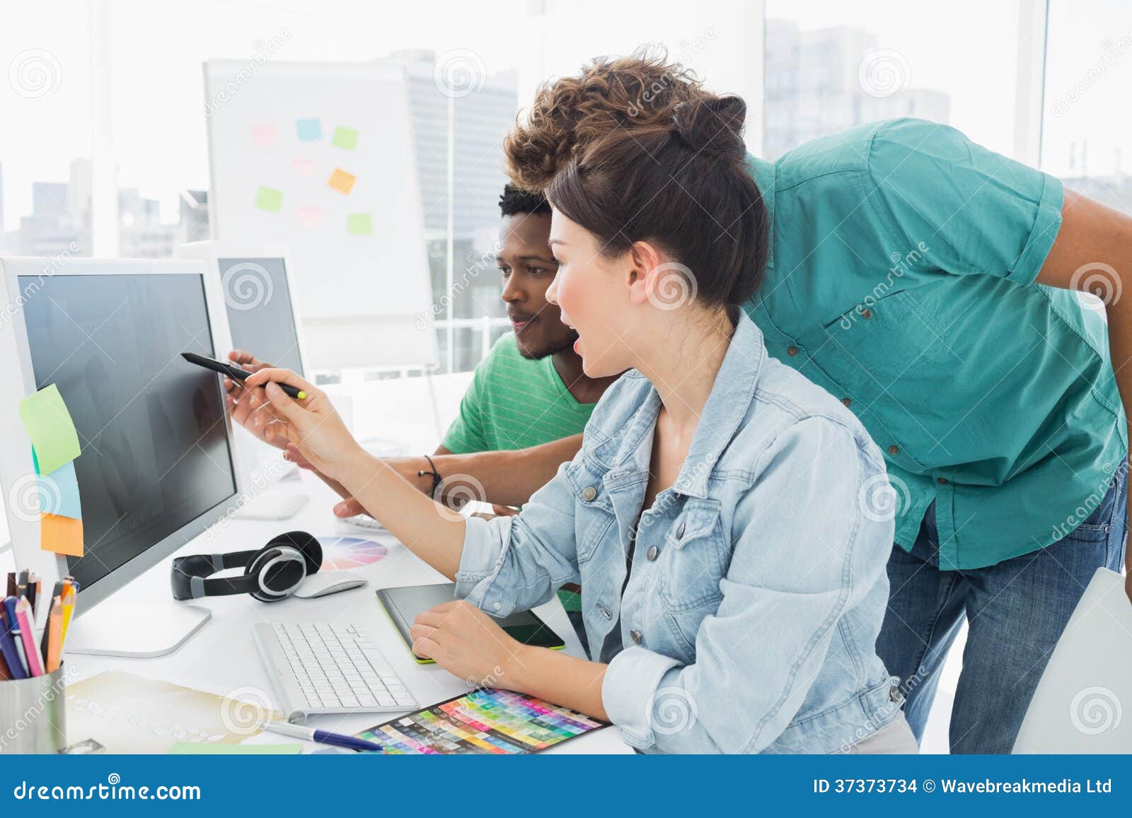 Three Artists Working on Computer at Office Stock Photo - Image of draw ...