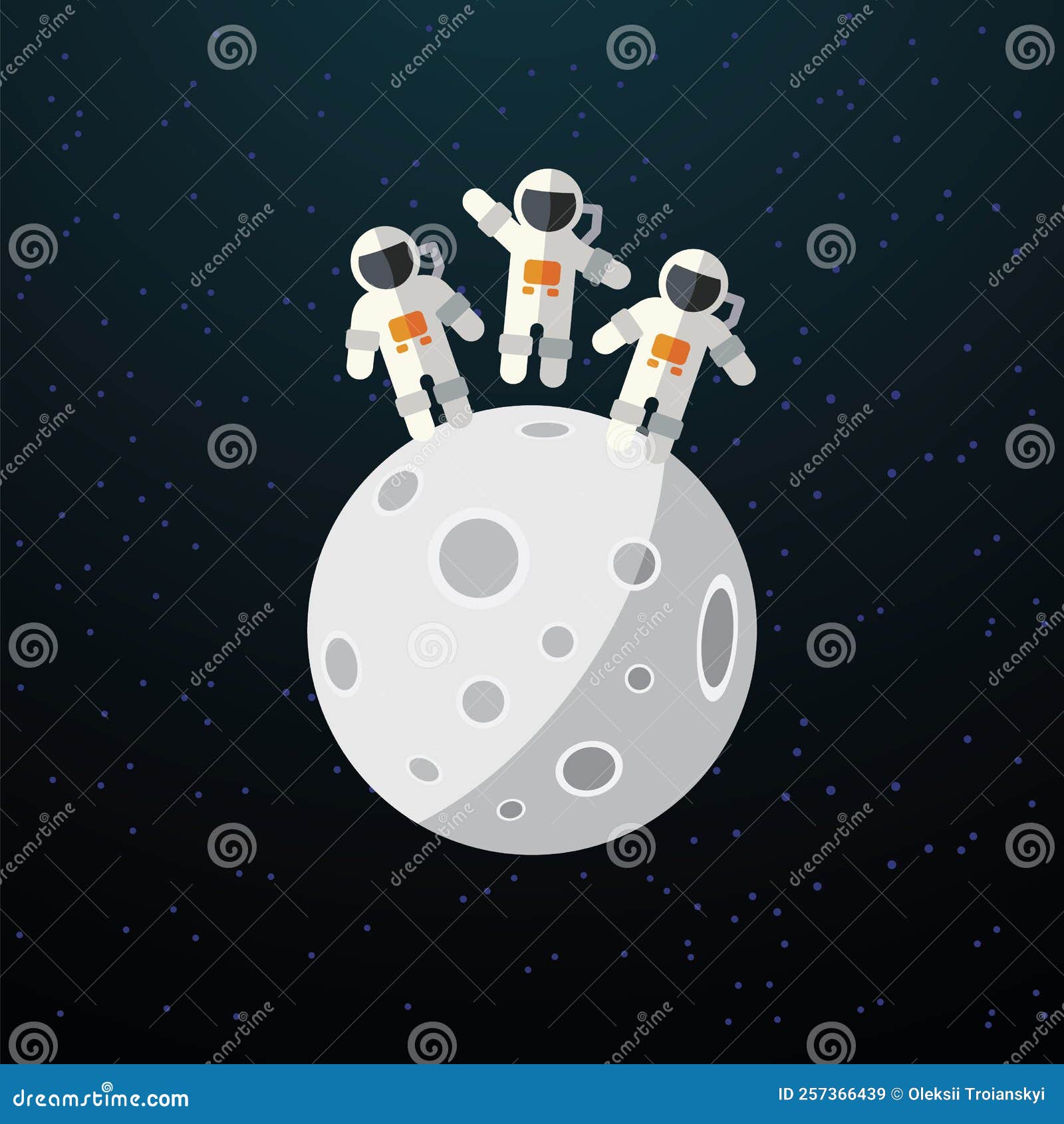 Three Astronauts Are On The Moon Surface. Flat Space Illustration With ...