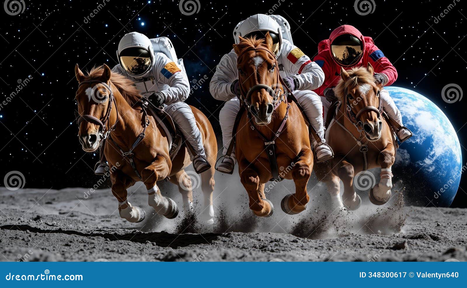 Three Astronauts Riding Horses on the Moon with the Earth in the ...
