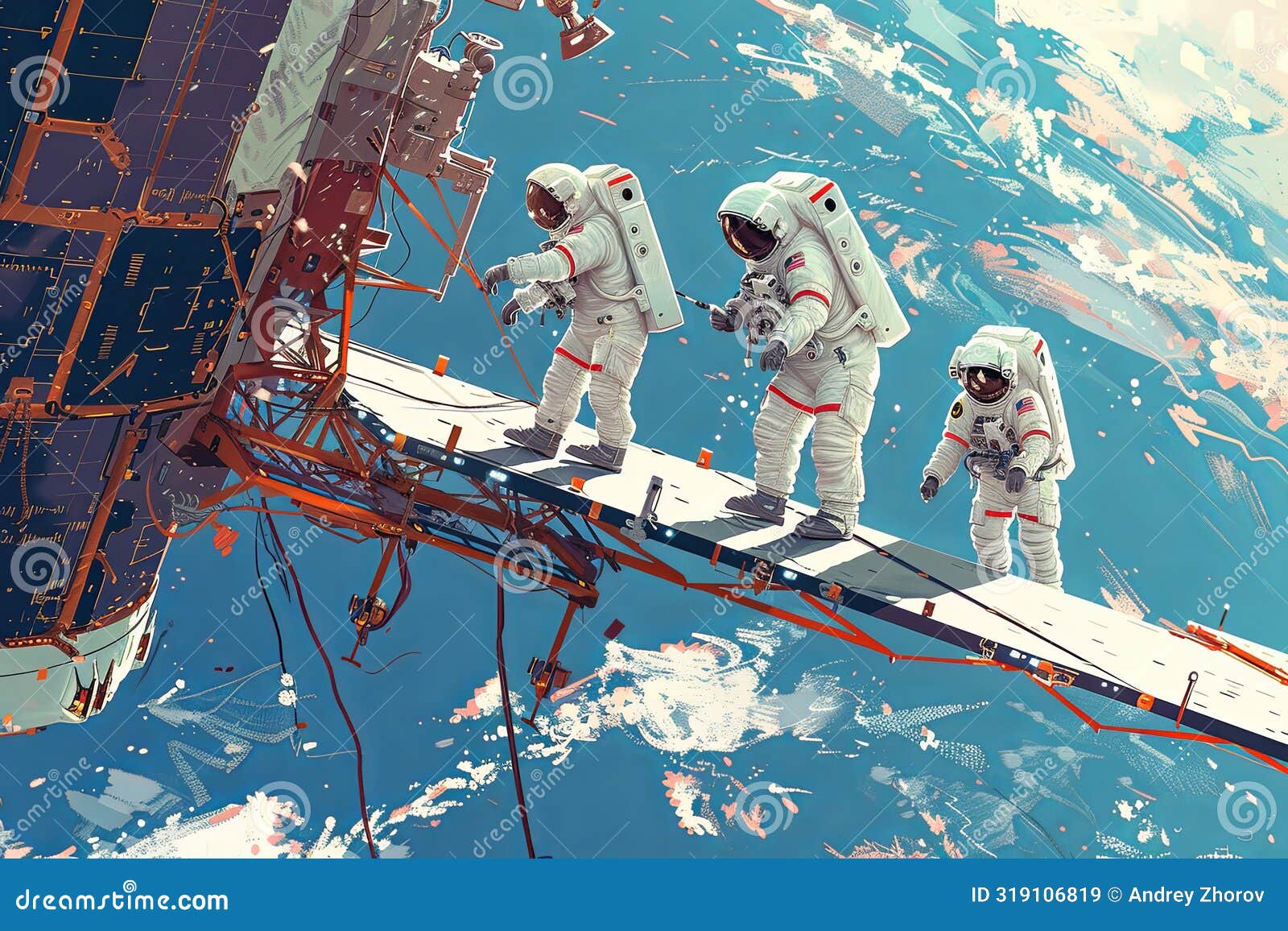 Three Spacemen Or Astronauts Floating On Background Of The Earth ...