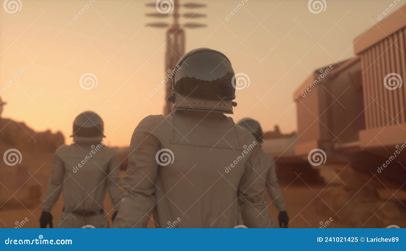 Three Astronauts in Spacesuits Explore the Planet Mars. Space Mission ...