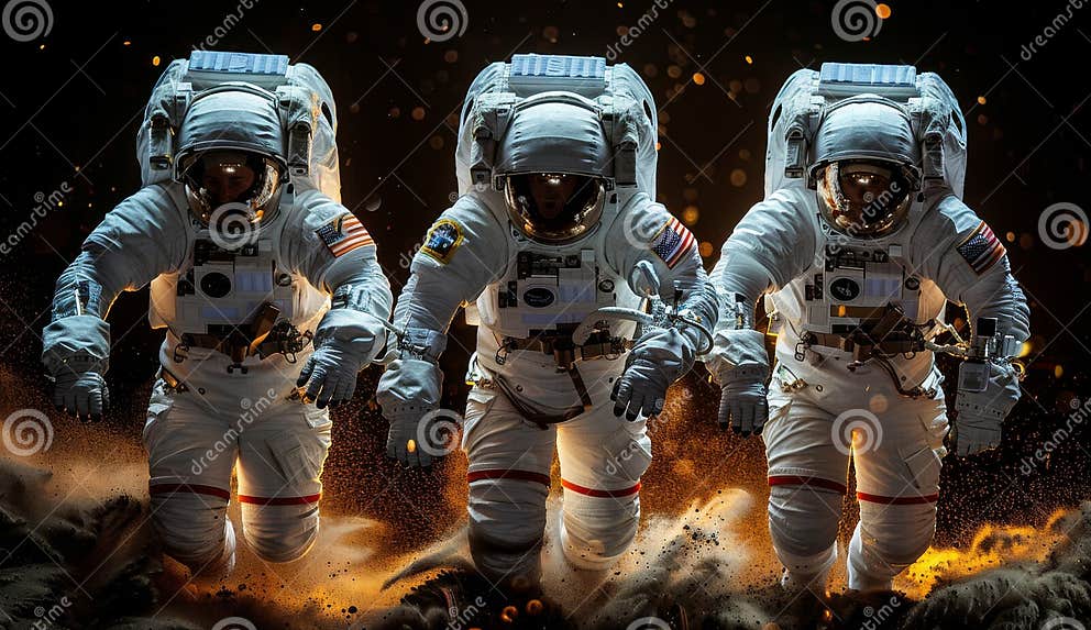 Three Astronauts in White Space Suits Floating and Moving with Dynamic ...