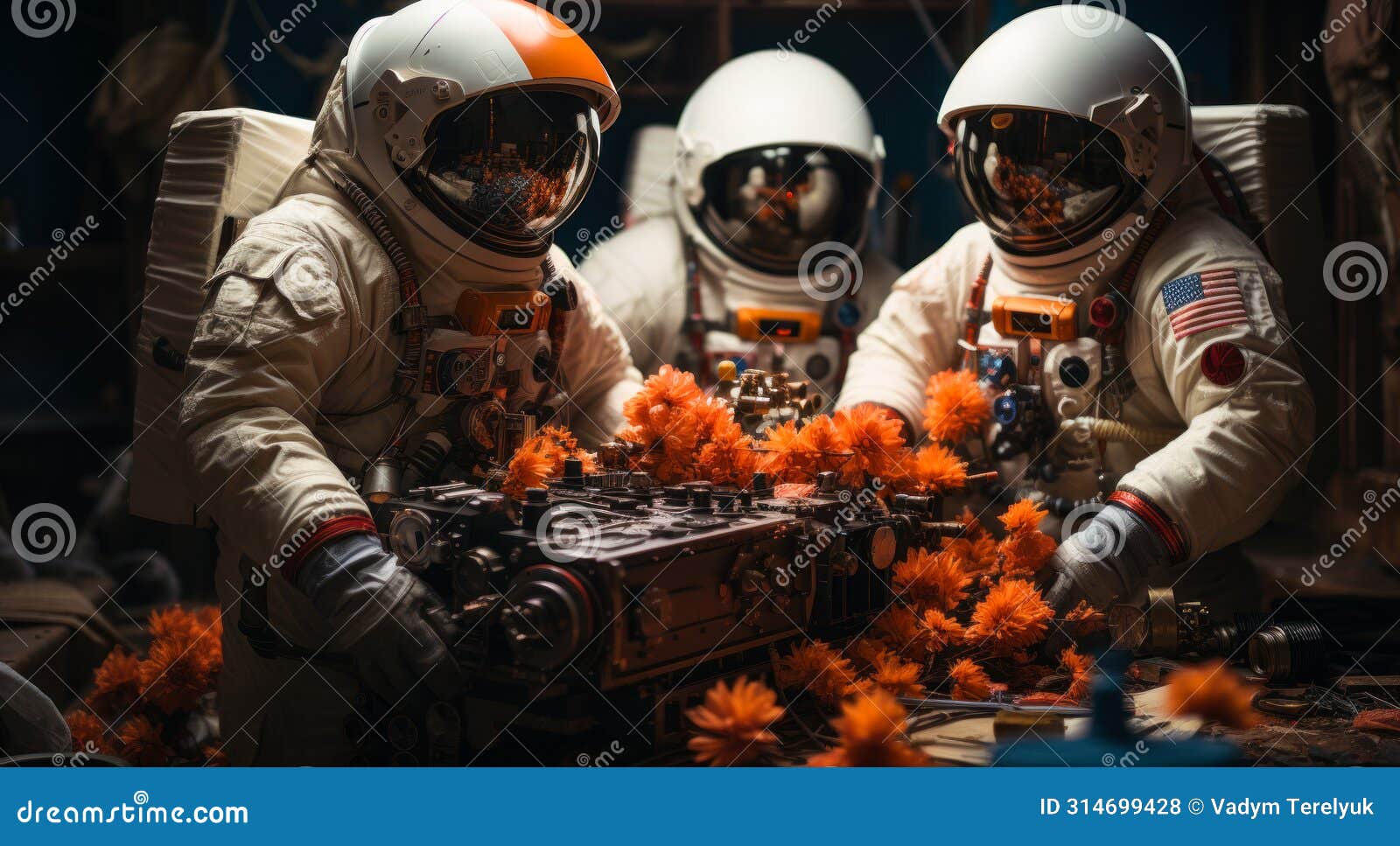 Three Astronauts Work on Space Station Stock Photo - Image of ...