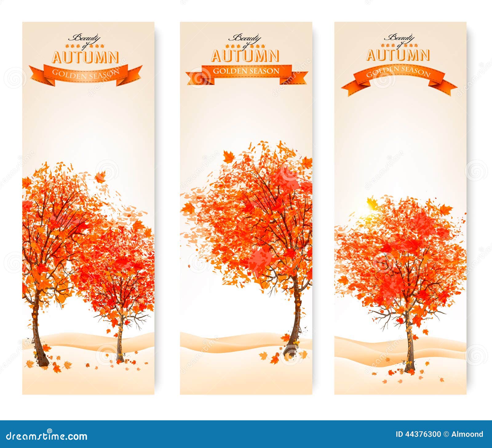 Three Autumn Abstract Banners with Colorful Leaves and Trees. Stock ...
