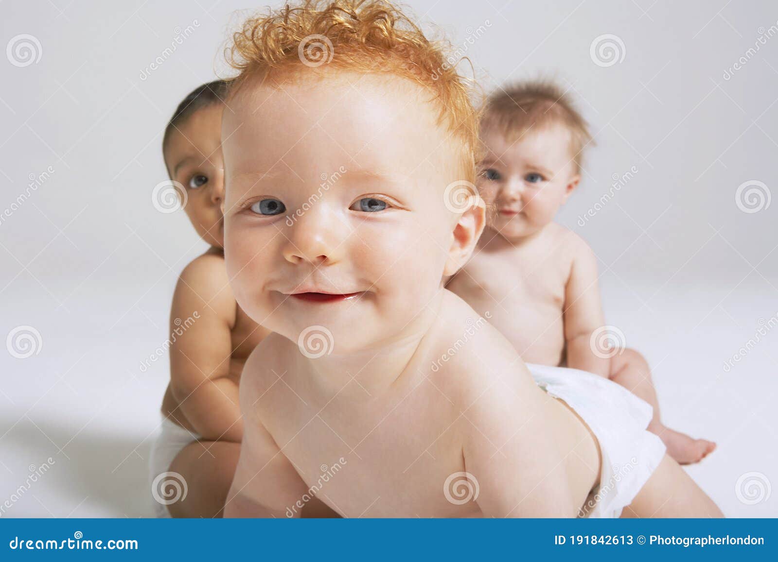 Portrait of Three Cute Babies in Studio Stock Image - Image of friendly ...