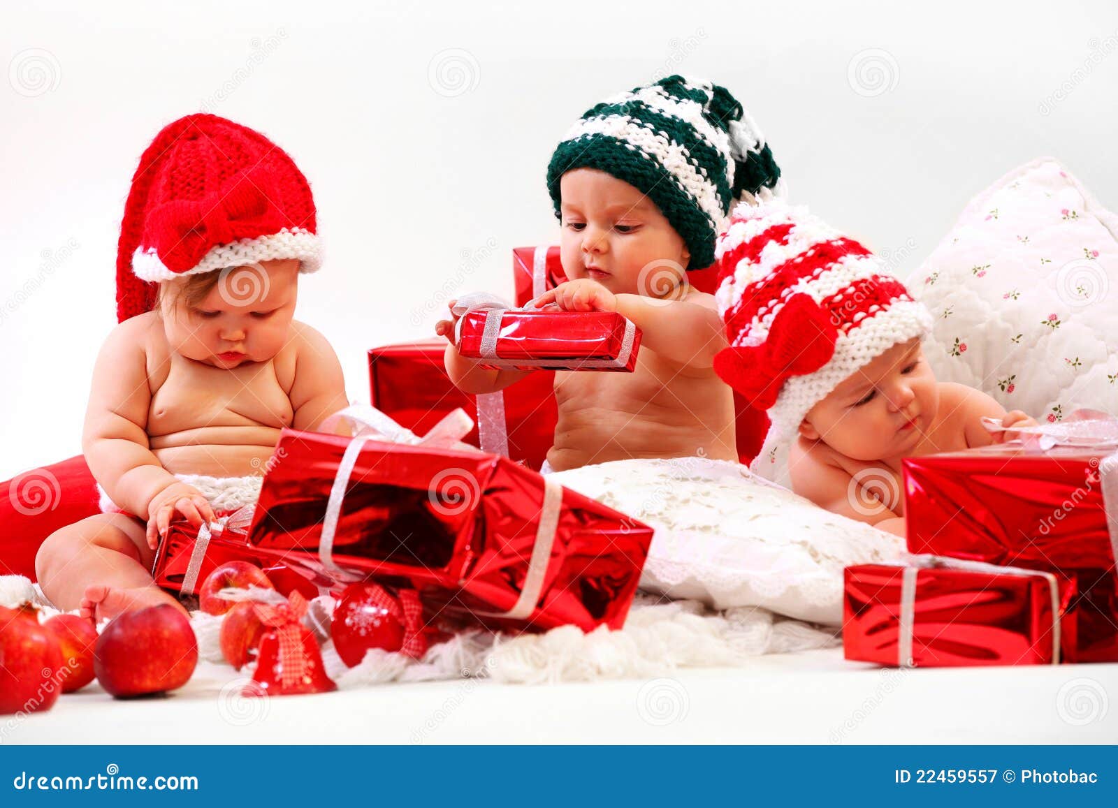Three Babies in Xmas Costumes Playing with Gifts Stock Image - Image of ...