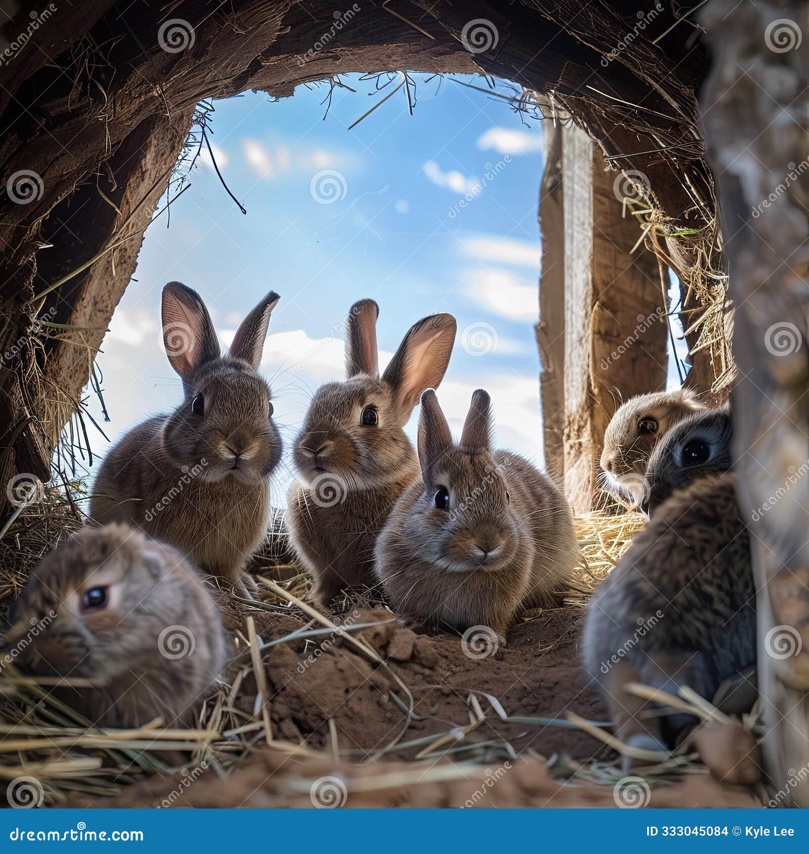Three Baby Rabbits are Sitting in a Rabbit Hole Stock Illustration ...