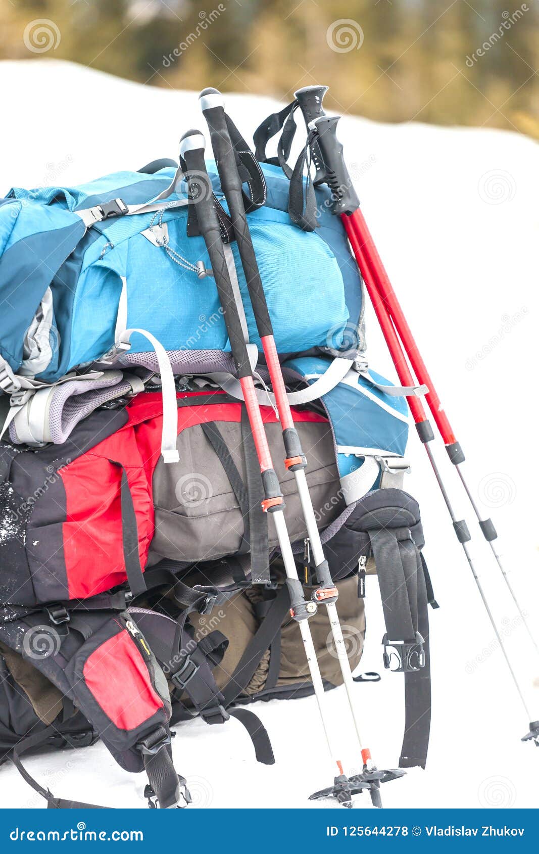 Three Backpacks on the Snow. Stock Photo - Image of equipment ...