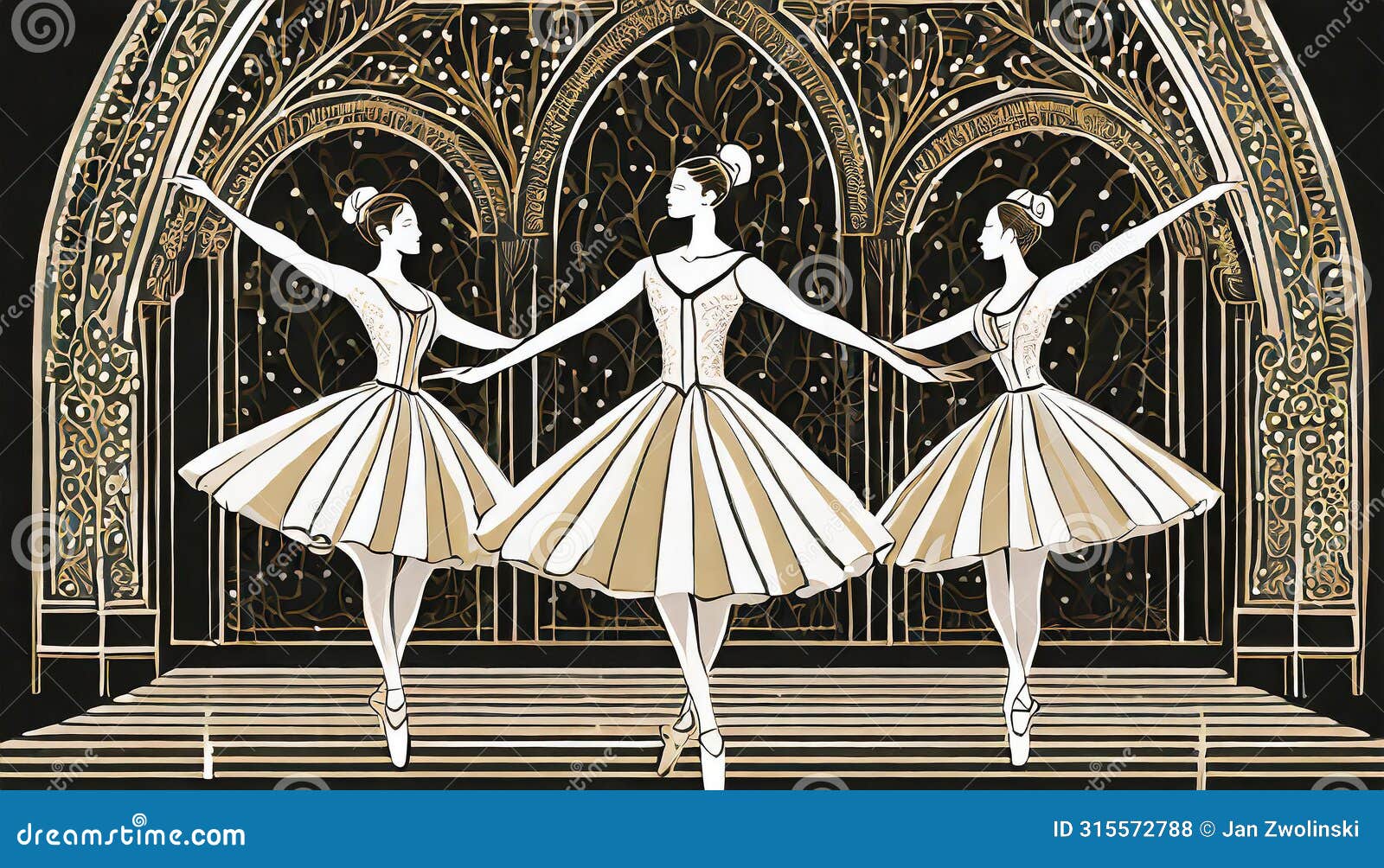 Three Ballet Dancers Dance on Stage Stock Illustration - Illustration ...