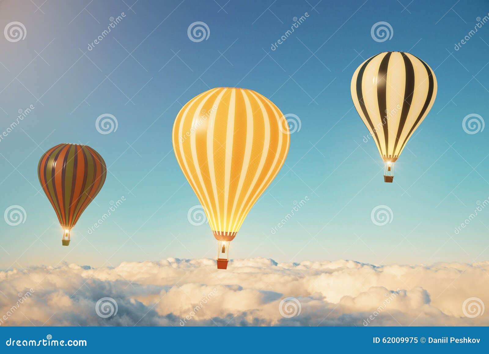Three Balloons Above the Clouds at Sunset Stock Image - Image of color ...
