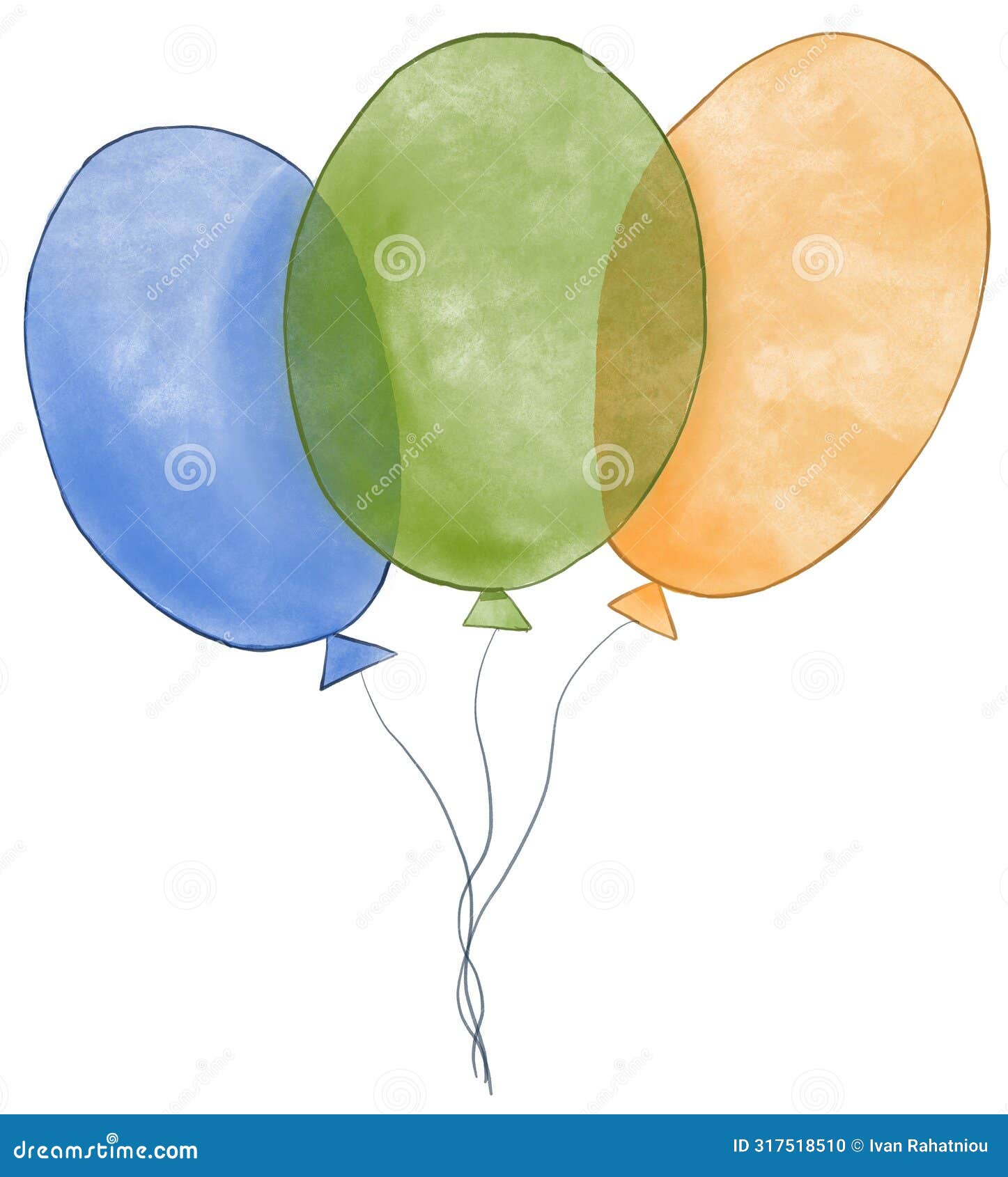 Three Balloons Hand Drawn Watercolor Illustration Stock Illustration ...