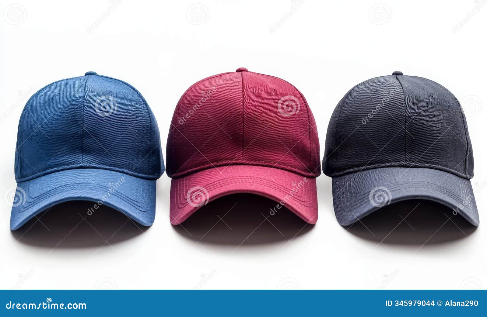 Three Baseball Caps in Different Colors on White Background Stock ...