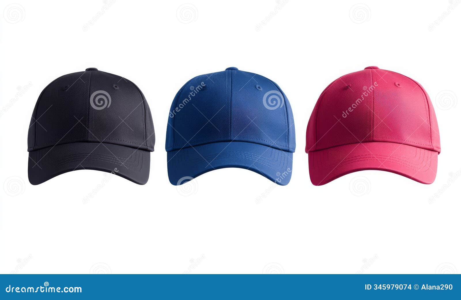 Three Baseball Caps in Different Colors on White Background Stock ...