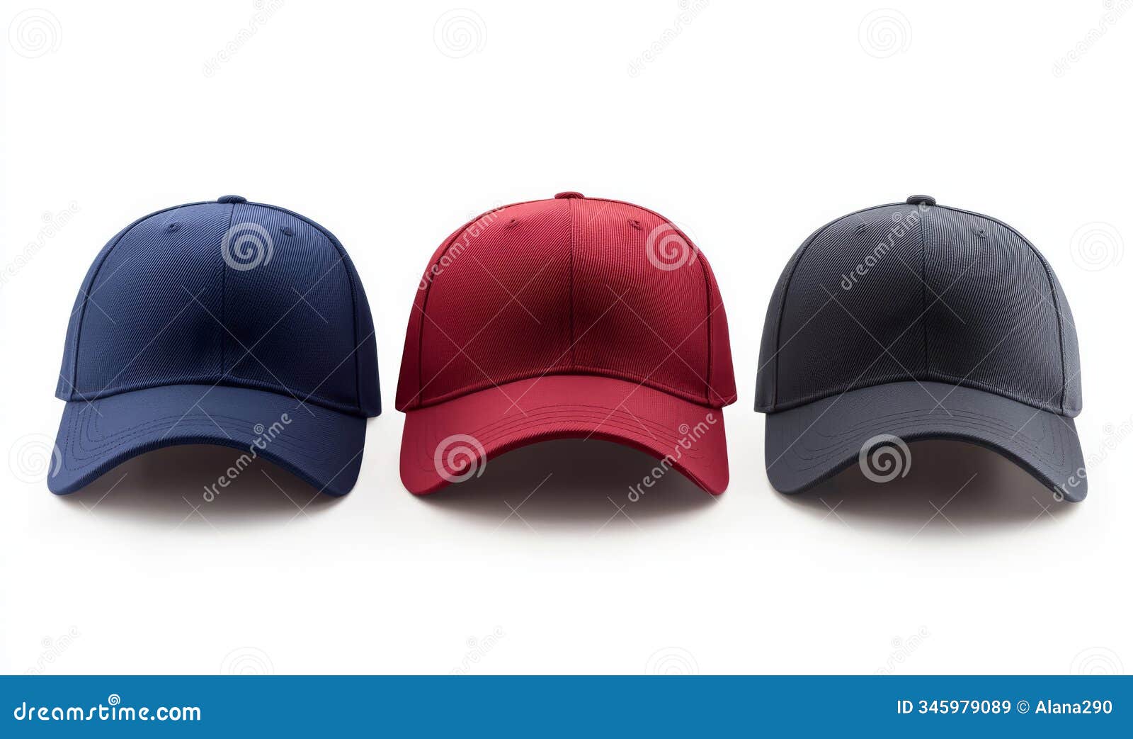 Three Baseball Caps in Different Colors on White Background Stock ...